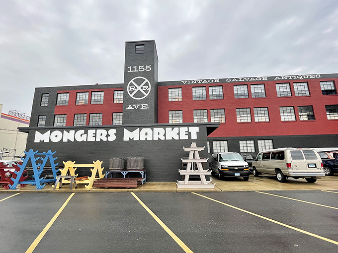 The iconic red brick and black smokestack of Mongers Market stands proudly on Railroad Avenue, a beacon for treasure hunters and nostalgia seekers.