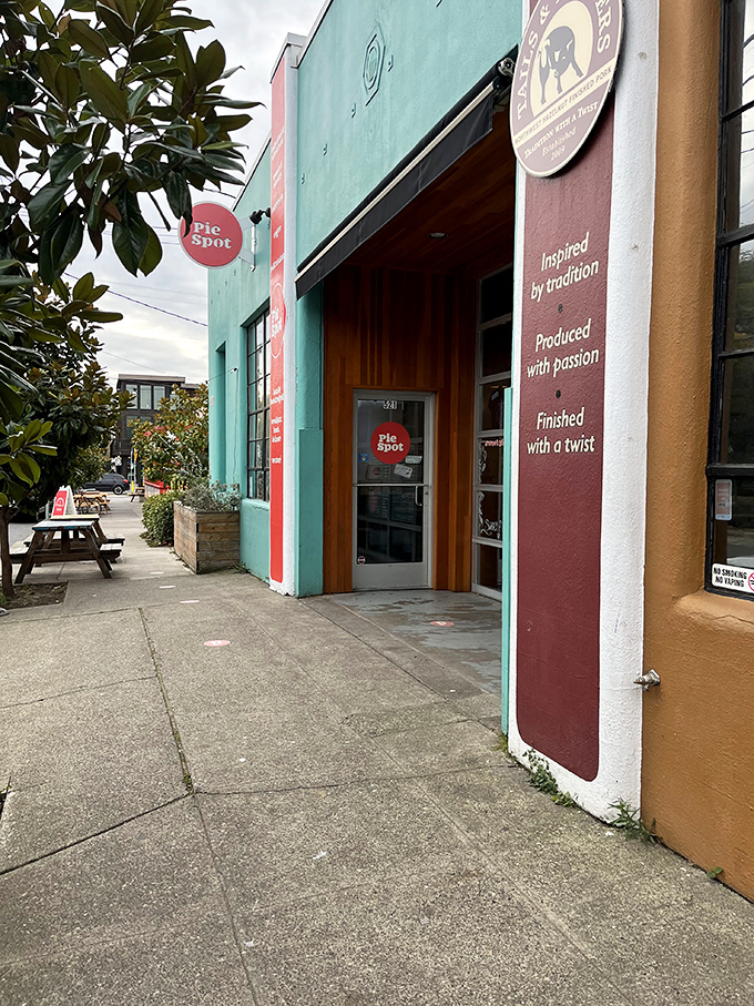 The turquoise beacon of Portland's pie paradise beckons with its cheerful pink signage&mdash;like a dessert lighthouse guiding hungry souls to safety.
