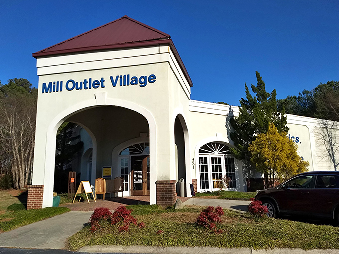 The inviting arched entrance of Mill Outlet Village promises fabric treasures within, like the wardrobe to Narnia for crafters. 