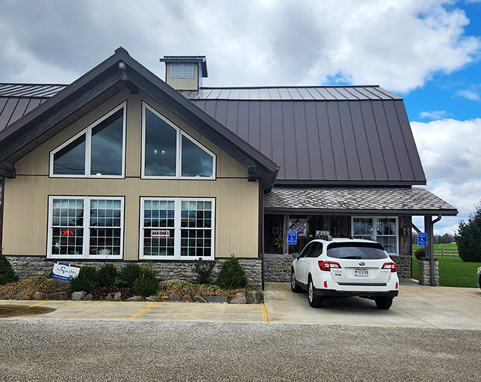 The modern barn-inspired exterior of Country Fabrics stands proudly against Ohio's countryside, promising textile treasures within its welcoming walls.