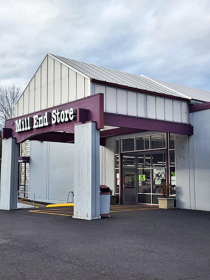The unassuming exterior of Mill End Store belies the fabric wonderland within, like a textile TARDIS waiting to expand your creative universe.