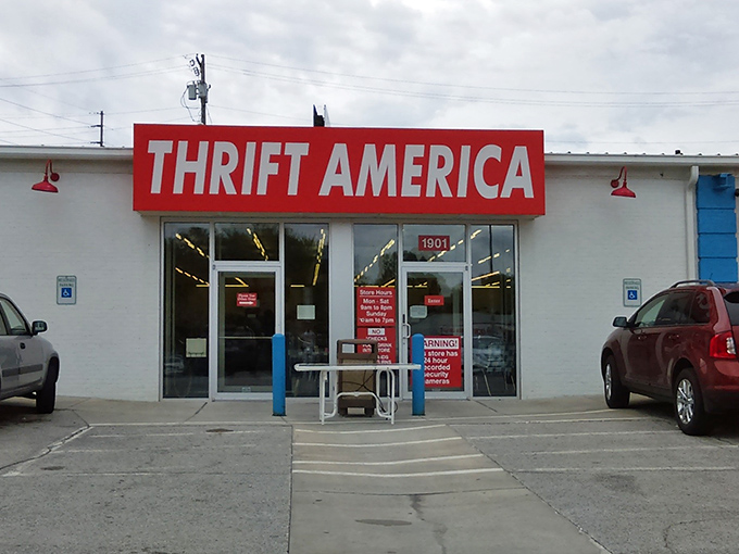 The bold red sign beckons like a siren call to treasure hunters. Thrift America's unassuming exterior hides a wonderland of vintage finds within.