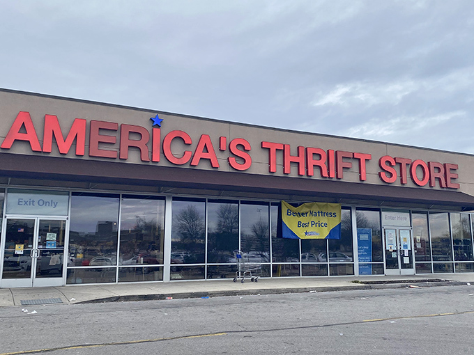 The red, white, and blue facade of America's Thrift Stores stands like a patriotic monument to bargain hunting. Treasure awaits inside!