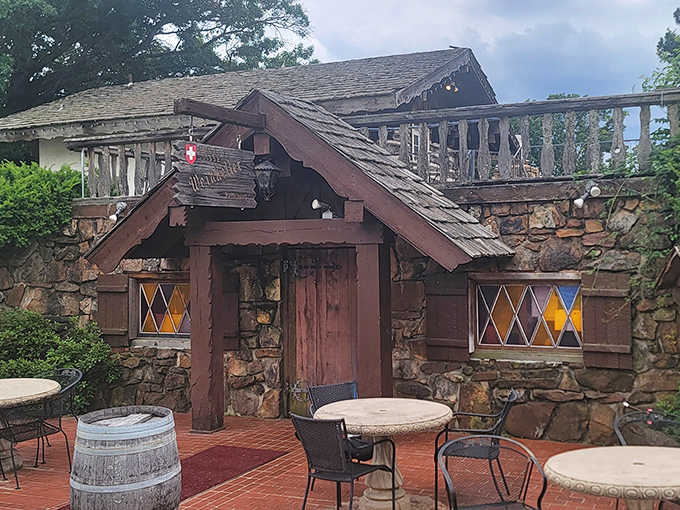 The Swiss chalet of your dreams isn't in the Alps&mdash;it's hiding in Arkansas! This stone-and-timber entrance promises Old World magic behind that wooden door.
