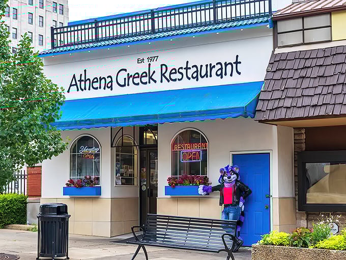 The blue-and-white fa&ccedil;ade of Athena Greek Restaurant stands like a Mediterranean oasis in downtown Mansfield, promising authentic flavors and hometown hospitality.