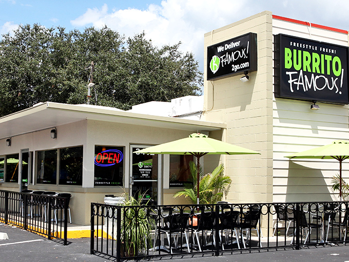 The bright green umbrellas and signage of Burrito Famous beckon like a culinary lighthouse in Gainesville's sea of chain restaurants.