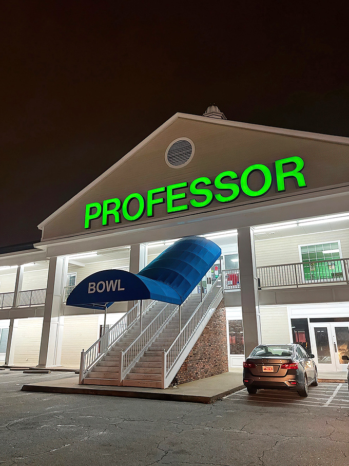 The grand entrance to Professor Bowl stands like a beacon of fun in Little Rock, complete with that iconic blue awning welcoming bowling enthusiasts of all ages.