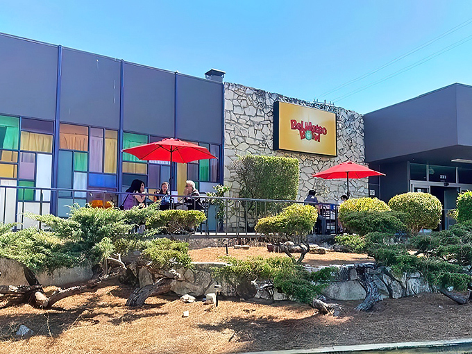 The iconic stone facade and glowing sign of Bel Mateo Bowl welcomes night owls and early birds alike to this San Mateo institution.