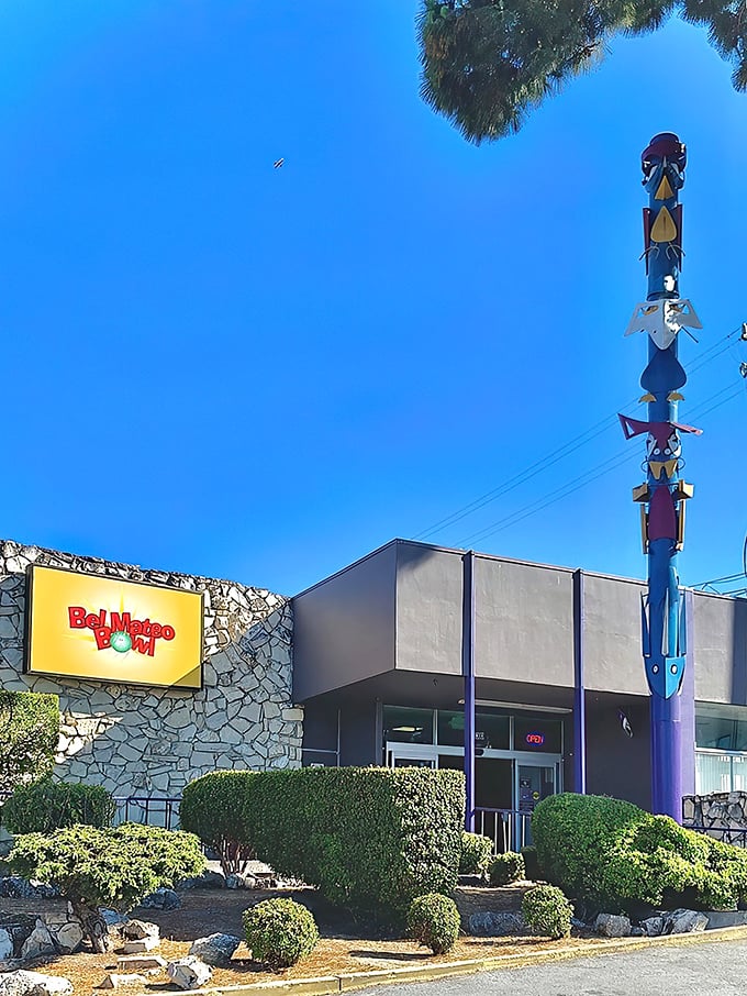The iconic stone facade and glowing sign of Bel Mateo Bowl welcomes night owls and early birds alike to this San Mateo institution.