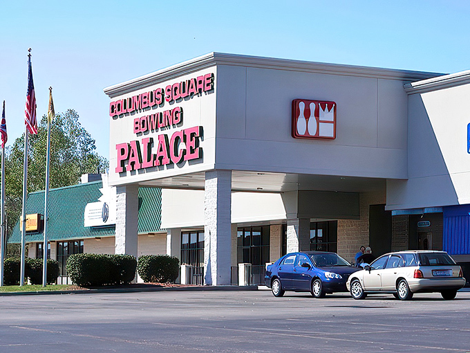 That iconic red signage beckons like a neon-lit promise of strikes, spares, and the occasional gutter ball adventure.