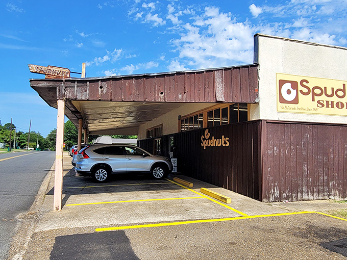 The weathered sign and modest exterior hide a temple of donut perfection that's been an El Dorado institution for generations. 