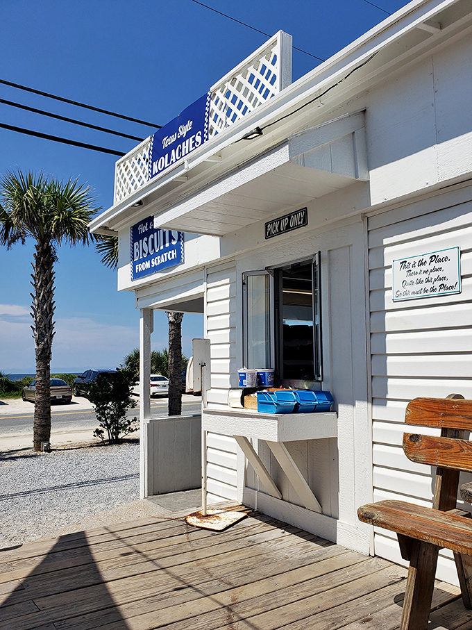 The white beachside shack beckons like a mirage. Blue signs promising kolaches and scratch-made biscuits are the only warning of the deliciousness ahead.