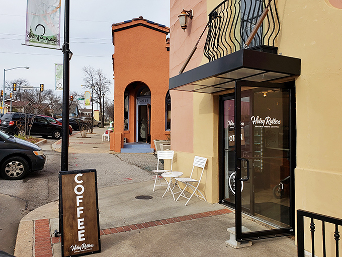 The peachy fa&ccedil;ade of Holey Rollers stands like a sweet beacon in OKC's Paseo Arts District, promising delicious revelations within those glass doors.