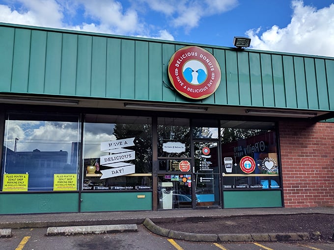 The humble exterior belies the magic within. Portland's donut paradise announces itself with a simple sign and a promise of deliciousness