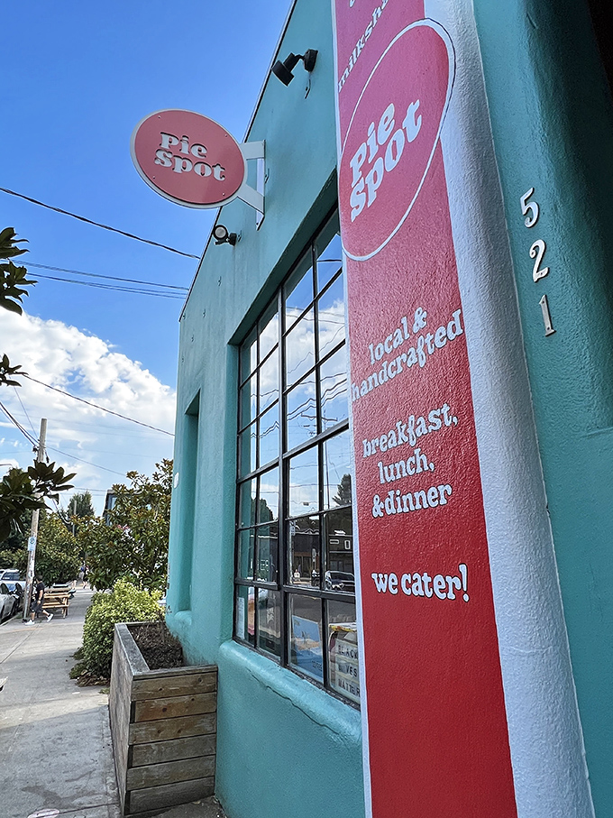 The turquoise beacon of Portland's pie paradise beckons with its cheerful pink signage&mdash;like a dessert lighthouse guiding hungry souls to safety.