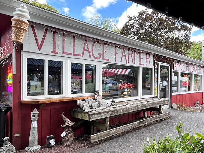 The red exterior with its giant ice cream cone sculpture isn't just a building—it's a promise of deliciousness waiting inside.