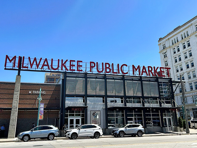 The Milwaukee Public Market stands proud against a blue sky, housing seafood treasures that would make coastal cities jealous. 