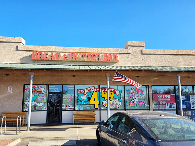 The desert sun casts dramatic shadows on this unassuming strip mall treasure. Like all great diners, Bread & Butter Cafe proves extraordinary food often hides behind ordinary facades.