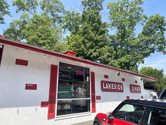 The little red-trimmed diner that could! Lakeside's unassuming exterior hides breakfast magic that keeps the parking lot perpetually full.