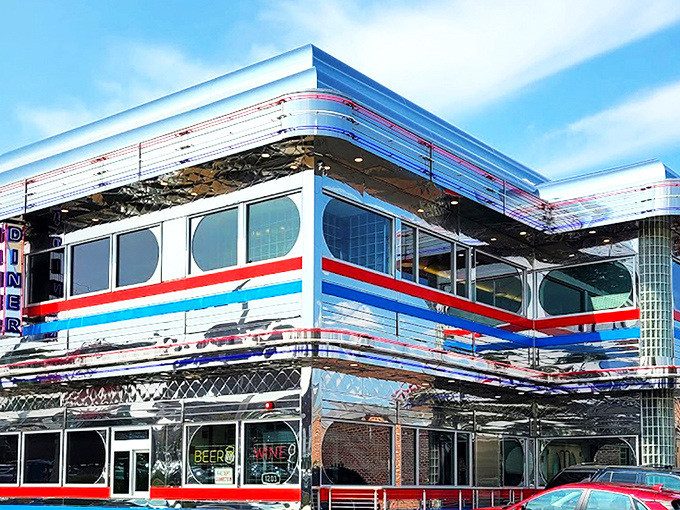 The gleaming chrome exterior of Goober's Diner stands like a time machine in Wilmington, its red, white, and blue trim announcing "America served here" to all who pass by.