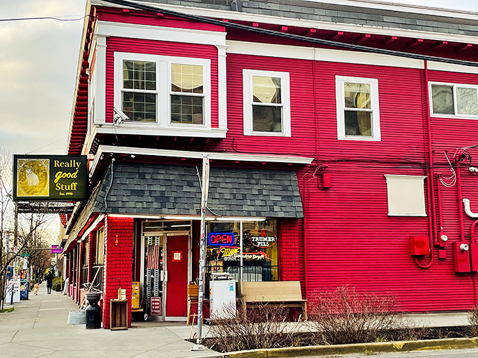 The crimson facade of Really Good Stuff beckons like a vintage siren, complete with classic red wagon and nostalgic storefront charm that screams "treasures inside!"