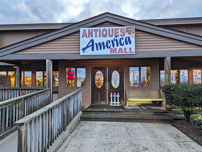 The unassuming exterior of Antiques America belies the wonderland of vintage treasures waiting inside. Like a time machine disguised as a country store.
