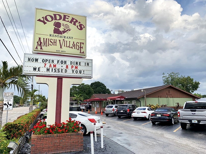 The iconic Yoder's sign welcomes hungry pilgrims to this Amish oasis in Sarasota. Palm trees and pie&mdash;only in Florida!