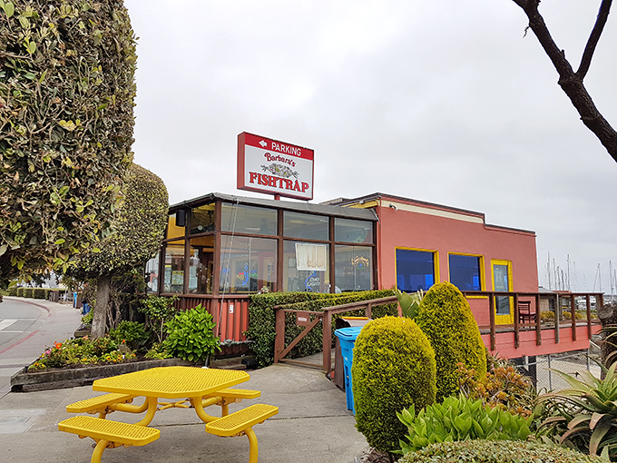 The little red seafood shack that could! Barbara's Fishtrap stands proudly against the Half Moon Bay skyline, promising maritime delights within its humble walls.