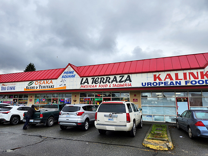 La Terraza's vibrant storefront beckons with neon signs promising authentic Mexican flavors. The "OPEN" sign might as well say "Passport to Mexico."