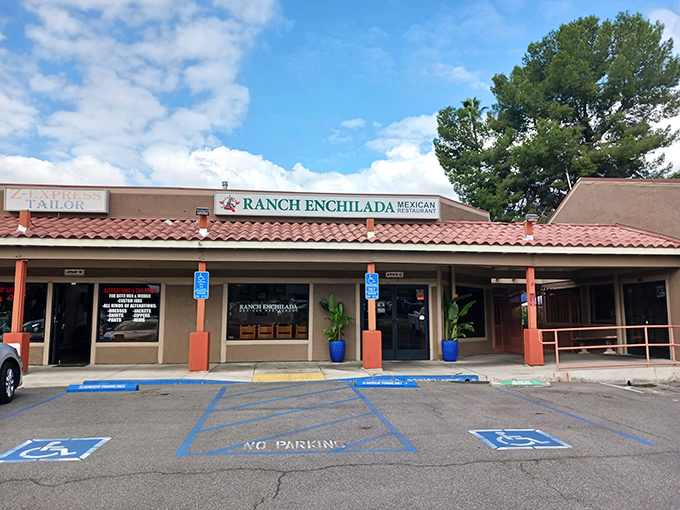The unassuming storefront hides culinary treasures like a pi&ntilde;ata saves its candy. Ranch Enchilada's modest exterior belies the flavor fiesta waiting inside.