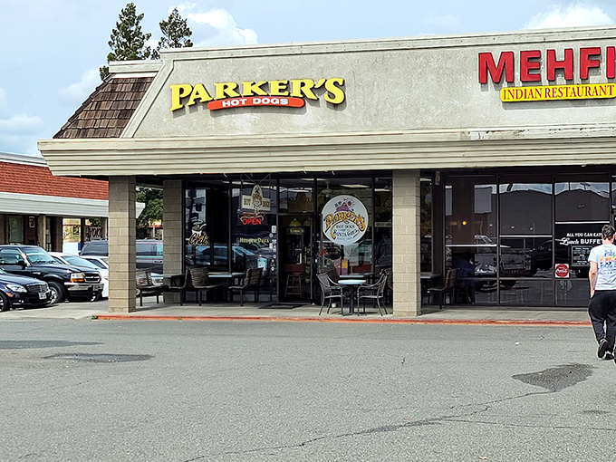 The unassuming storefront that houses hot dog greatness. Parker's yellow sign beckons like a beacon of hope in a sea of chain restaurants.