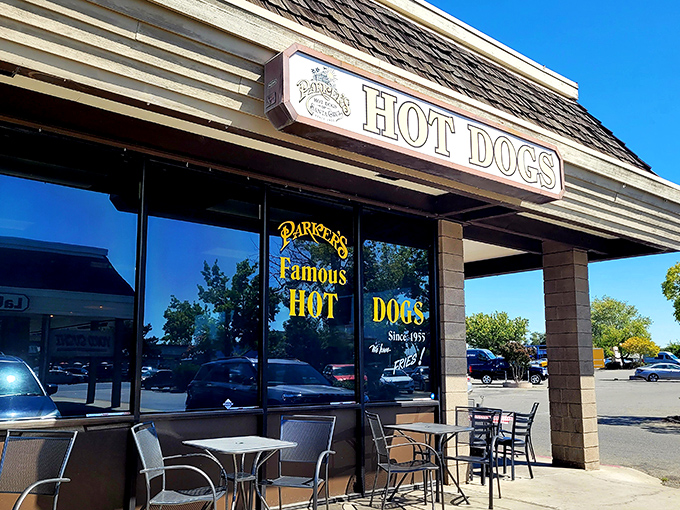 The unassuming storefront that houses hot dog greatness. Parker's yellow sign beckons like a beacon of hope in a sea of chain restaurants.