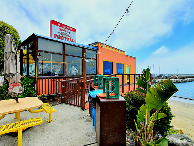The little red seafood shack that could! Barbara's Fishtrap stands proudly against the Half Moon Bay skyline, promising maritime delights within its humble walls.