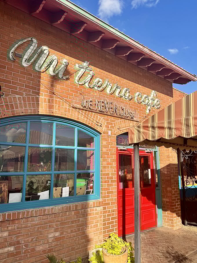 The brick exterior of Mi Tierra welcomes visitors with its colorful signage and potted plants&mdash;like a warm Mexican hug in the heart of San Antonio.