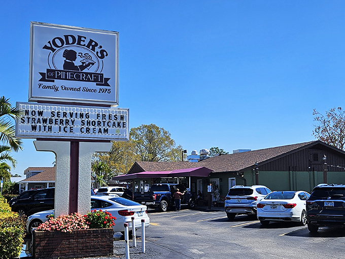 The iconic Yoder's sign welcomes hungry pilgrims to this Amish oasis in Sarasota. Palm trees and pie&mdash;only in Florida!