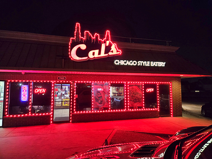 Cal's bold red sign against the Oklahoma sky promises Chicago authenticity that's worth crossing state lines for.