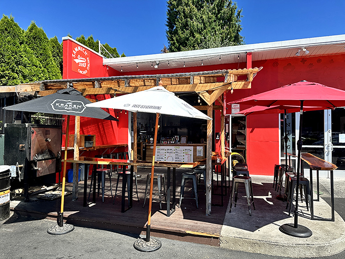 The vibrant red exterior of Sammich PDX beckons like a siren call to sandwich lovers. Outdoor seating perfect for Portland's precious sunny days.