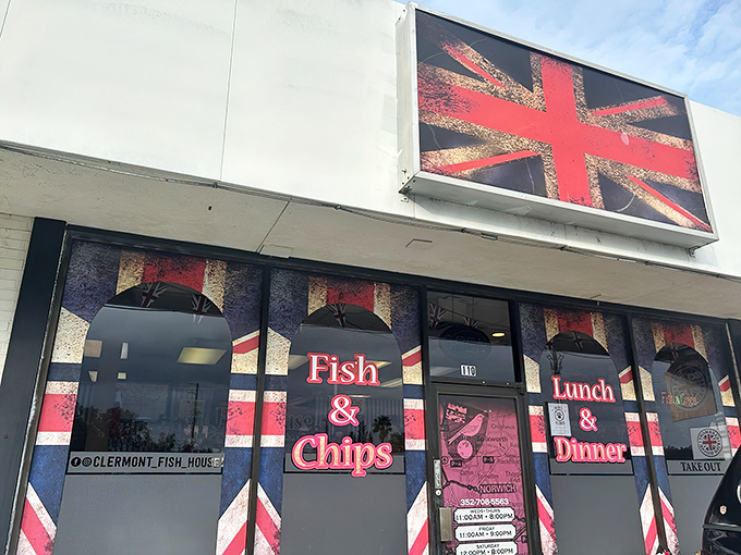 The Tudor-style exterior of Clermont Fish House stands as a slice of Britain in Florida, complete with an iconic red phone booth.