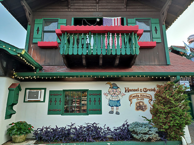 The storybook comes to life! Hansel & Gretel's Bavarian-style exterior perfectly captures Helen's Alpine charm, complete with green shutters and whimsical character art.