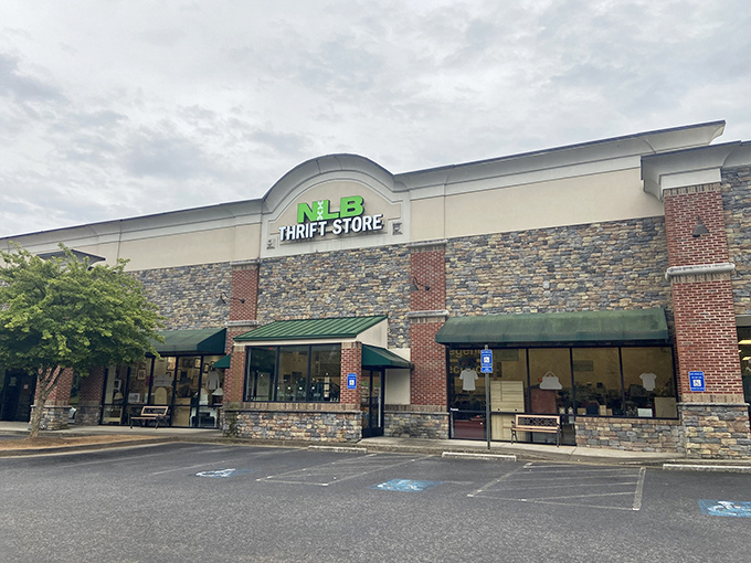 The stone and brick exterior of NLB Thrift Store in Woodstock gives off more upscale boutique vibes than typical secondhand shop. Treasure hunting begins here!