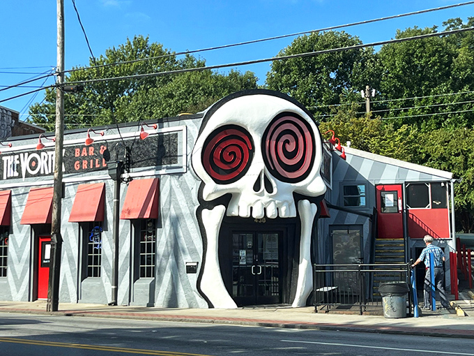 The skull entrance isn't subtle marketing&mdash;it's an architectural dare that screams, "Enter if you're brave enough for our burgers!" Pure Atlanta audacity.