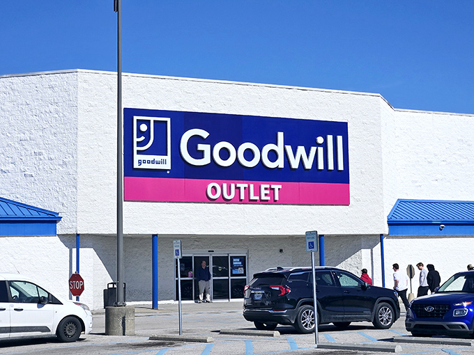 The white building with blue trim isn't trying to win architectural awards&mdash;it's saving its energy for the treasure hunt waiting inside.