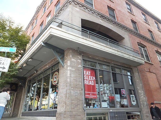 The iconic "EAT SLEEP READ" sign beckons bibliophiles like a literary lighthouse on Haywood Street. Downtown Asheville's brick-and-mortar sanctuary for the written word.