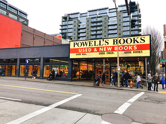 The iconic Powell's Books storefront stands proudly on West Burnside, a literary beacon in Portland's Pearl District that promises adventures between covers rather than passport stamps.
