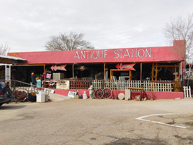 The desert sky creates a perfect backdrop for Antique Station's vibrant red fa&ccedil;ade. Route 66 charm doesn't get more authentic than this roadside treasure trove.