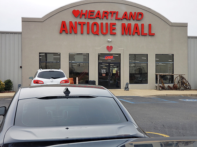 The bright red signage against a clear blue Missouri sky promises treasures within &ndash; your first clue that normal shopping rules don't apply here. 