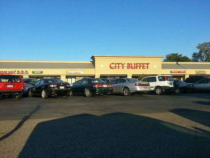 The bold red letters of City Buffet beckon like a Vegas marquee promising jackpots of flavor instead of cash.