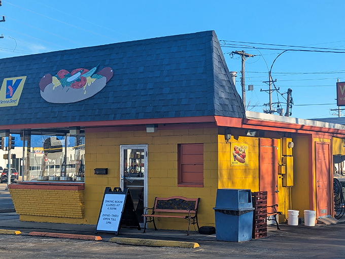 The sunshine-yellow exterior of Woofie's isn't just a building&mdash;it's a beacon of hope for the hot dog deprived. "Serving the hot dog with dignity" isn't just a slogan, it's a mission statement.