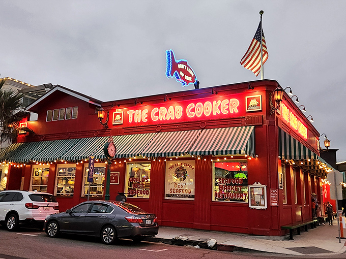 That fire-engine red exterior isn't subtle, but neither is your hunger for great seafood. The fish sign practically dares you not to look up.