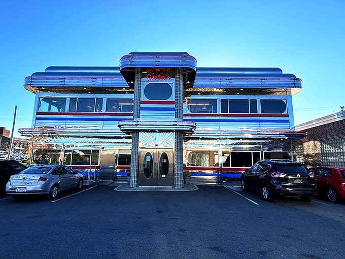 The gleaming chrome exterior of Goober's Diner stands like a time machine in Wilmington, its red, white, and blue trim announcing "America served here" to all who pass by.